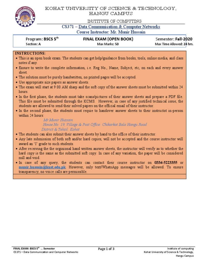 Program: BSCS 5: Final Exam (Open Book) Semester: Fall-2020 | PDF | Osi ...