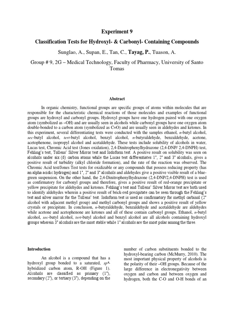 Experiment 9 Classification Tests For Hydroxyl Carbonyl Containing ...