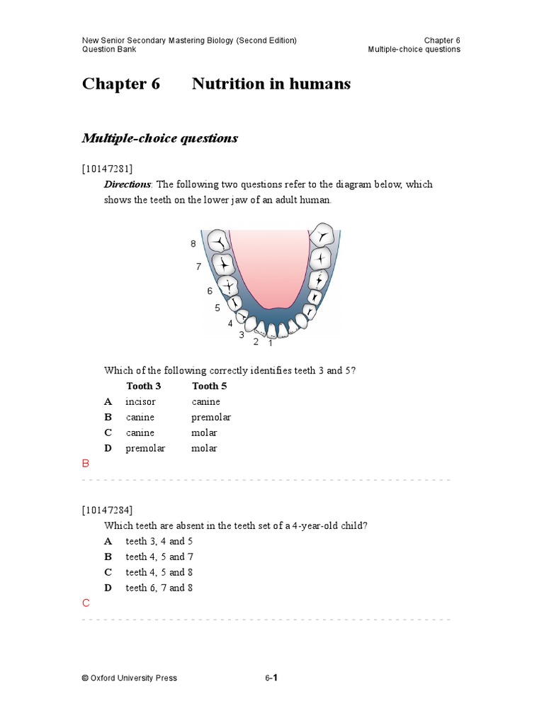Nutrition in Humans: Multiple-Choice Questions | PDF | Digestion ...