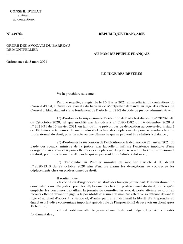 Ordonnance de Référé Du 3 Mars 2021 N° 449764 | PDF | Barreau | Droit