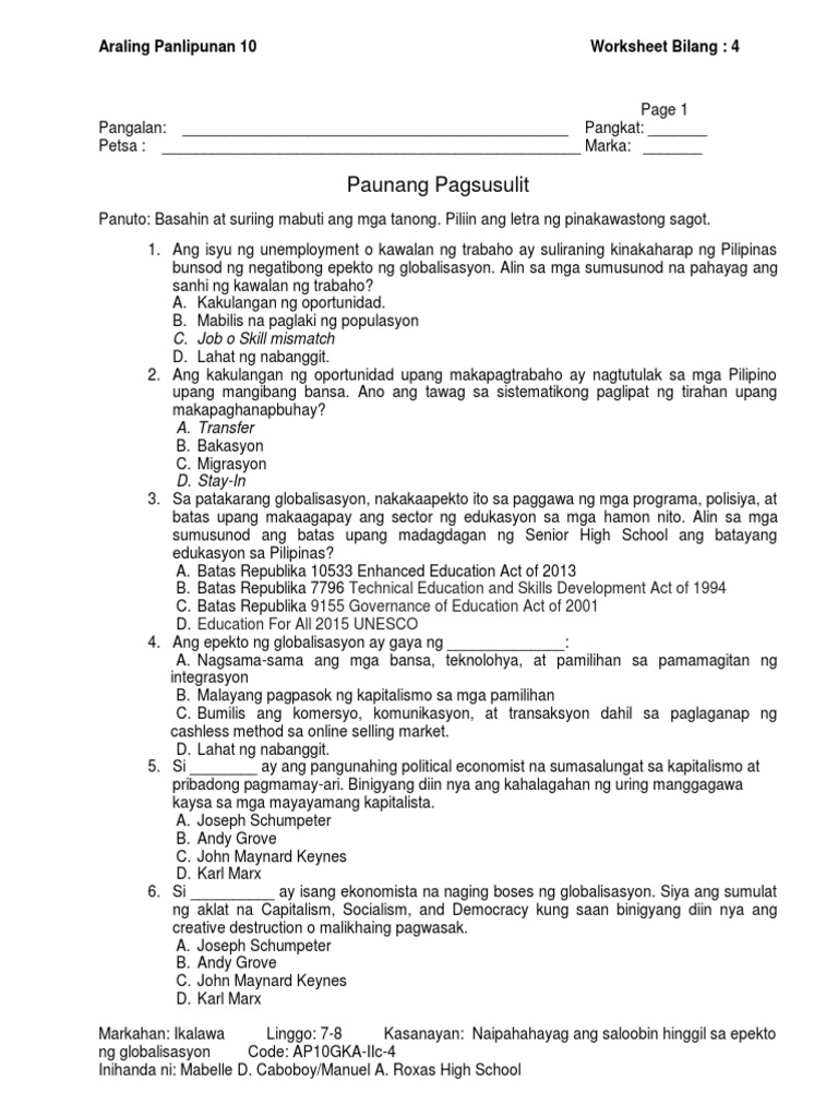 Worksheet in AP10 - Q2 - Module 4 | PDF