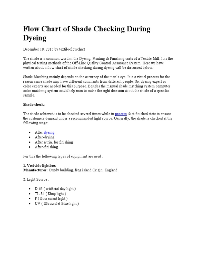 Flow Chart of Shade Checking During Dyeing | PDF | Ultraviolet | Dyeing
