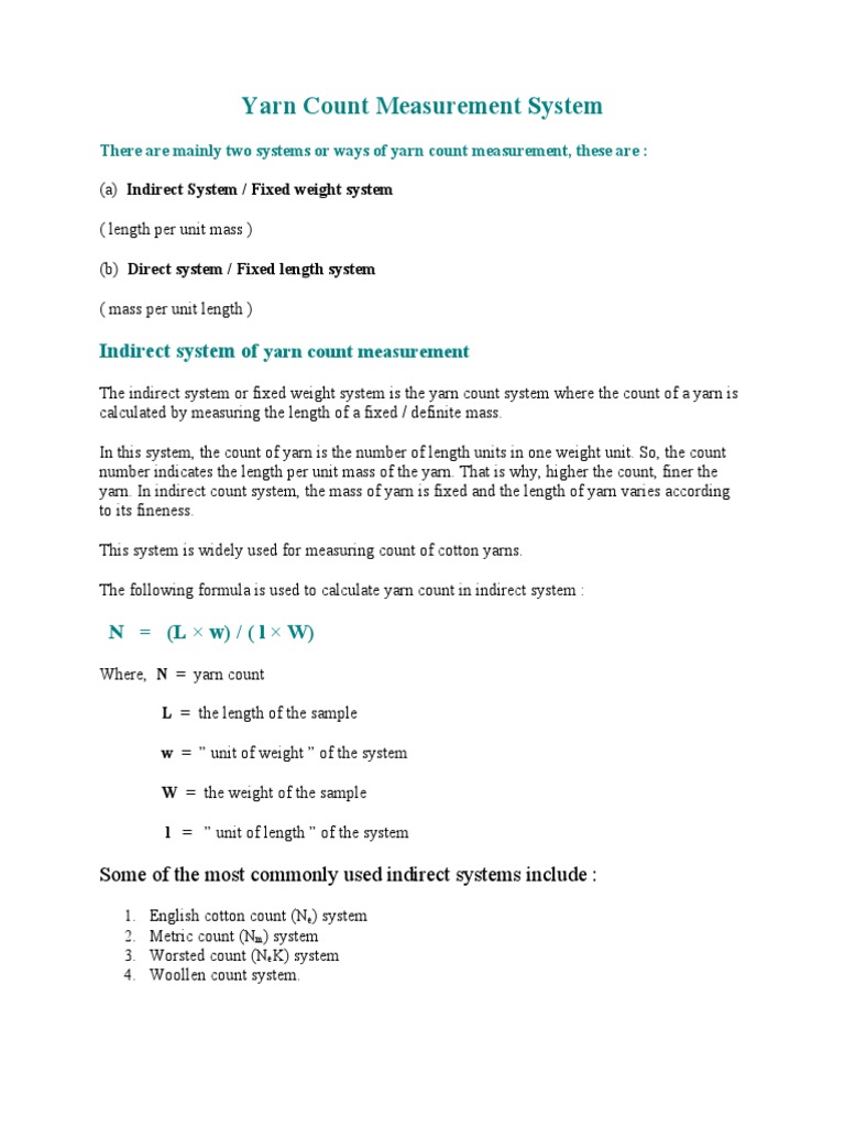 Yarn Count Measurement System | PDF | Pound (Mass) | Units Of Measurement
