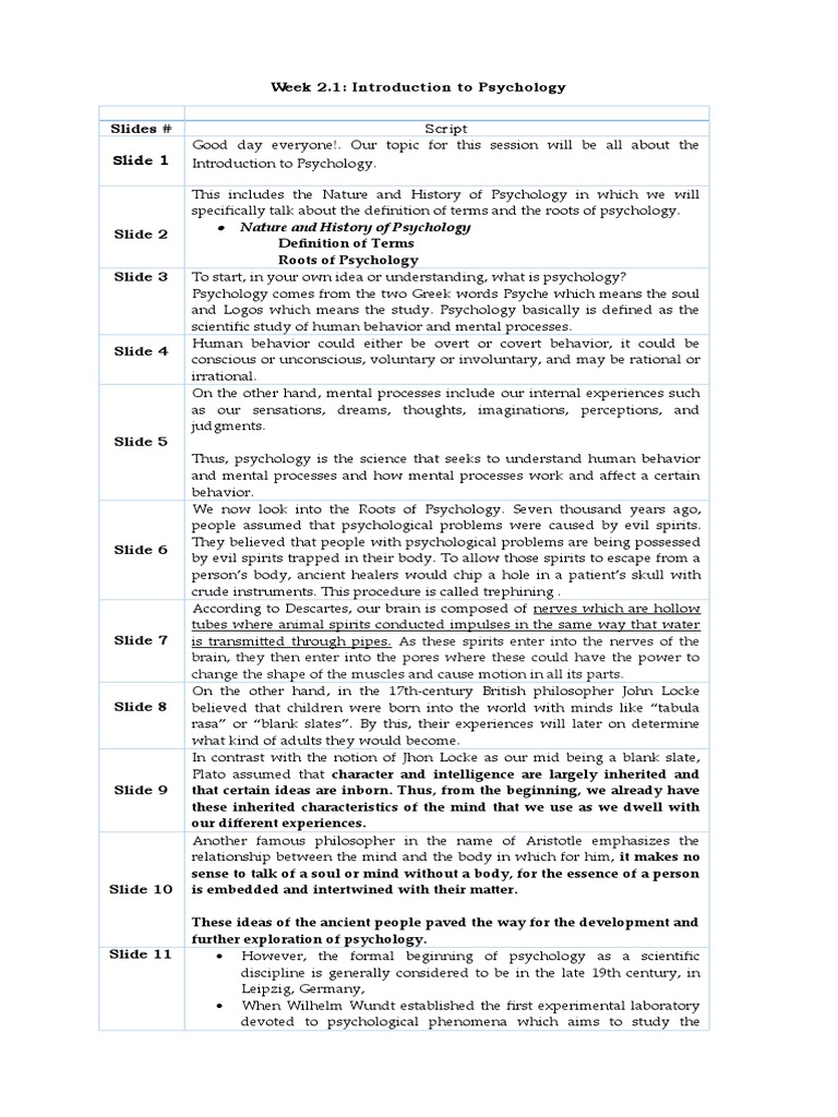 Week 2.1 Introduction To Psychology 1 Script | PDF | Psychology ...