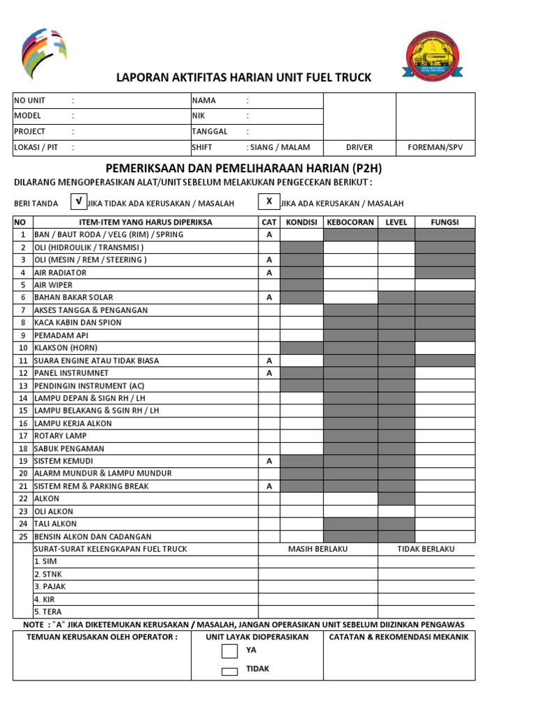 Form P2H untuk Alat Berat Truck | PDF | Griya & Taman | Komputer