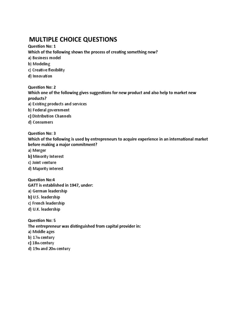 MULTIPLE CHOICE QUESTIONS Marketing | PDF | Entrepreneurship | Economies