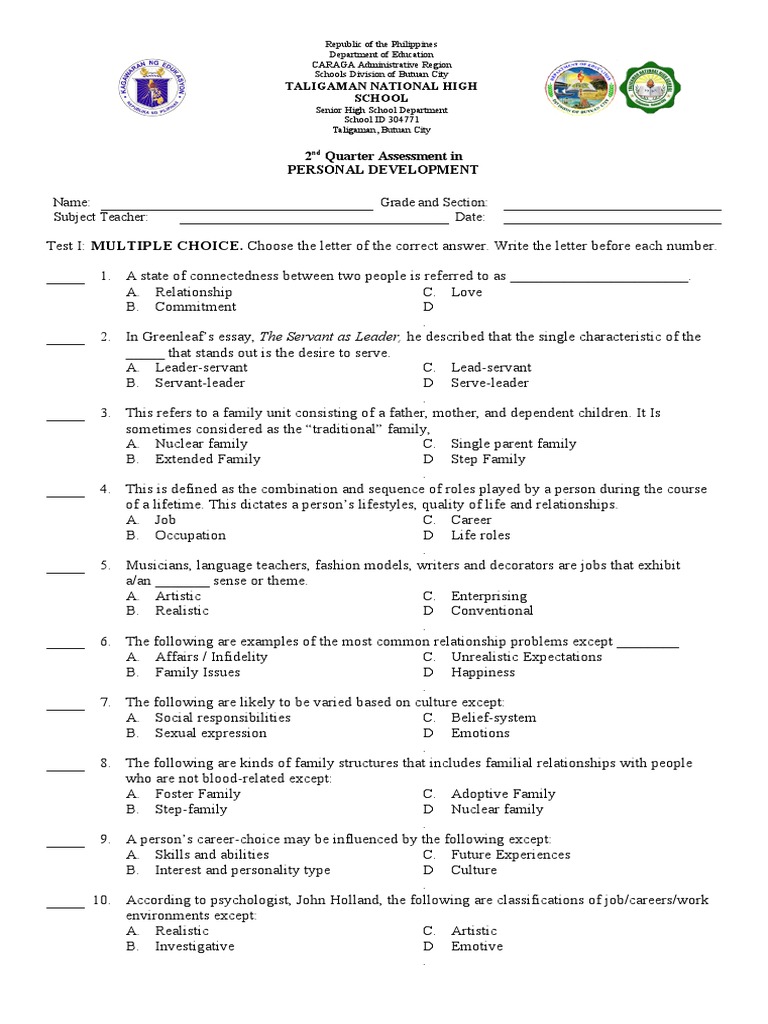Personal Development Grade 12 - Weekly Assessment 2 | PDF ...