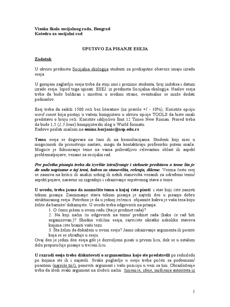 Uputsvo Za Pisanje Eseja EBB Ekologija | PDF