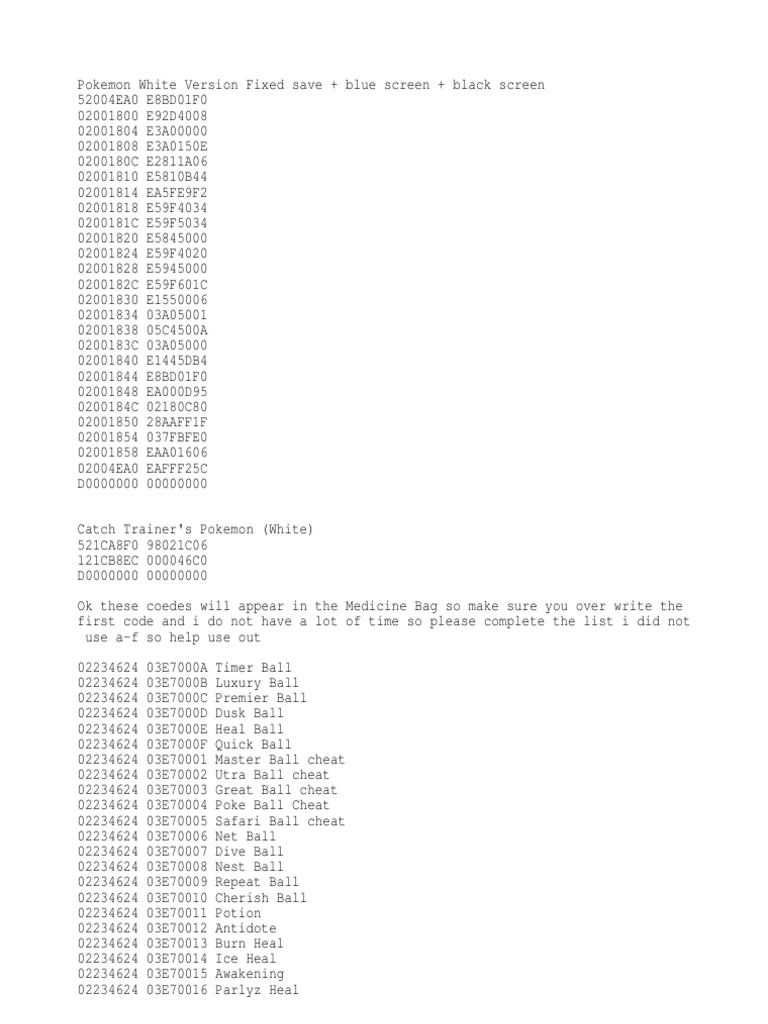 Pokemon White Codes | PDF | Leisure