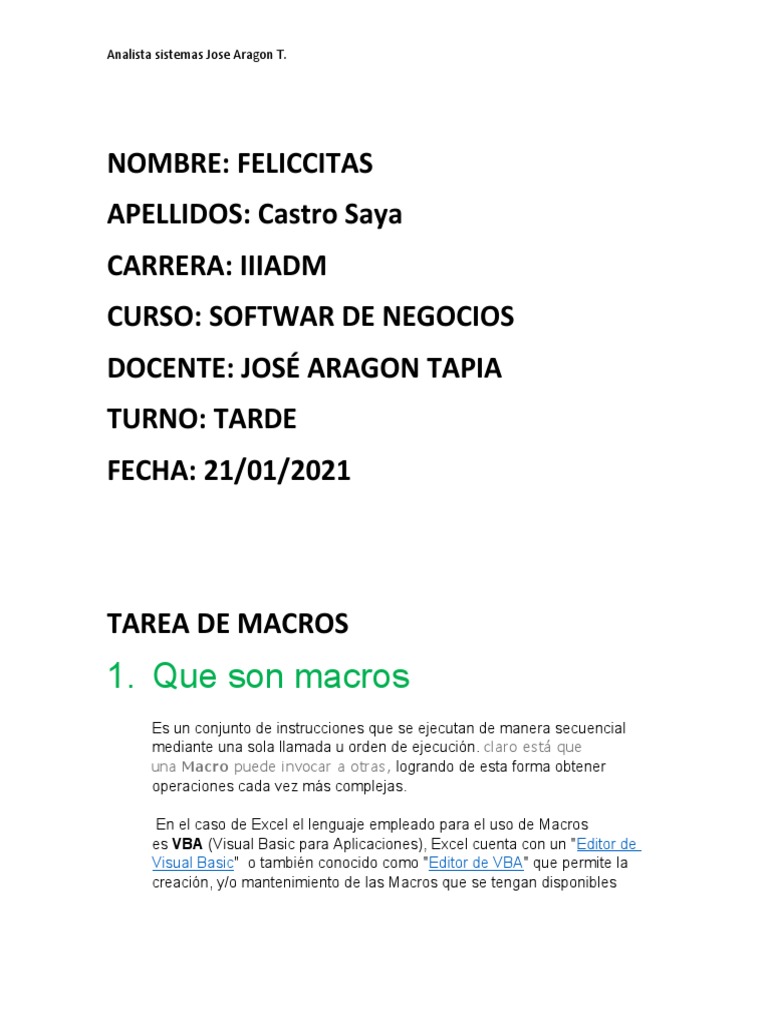 Tarea de Macros | PDF | Macro (informática) | Visual Basic para Aplicaciones