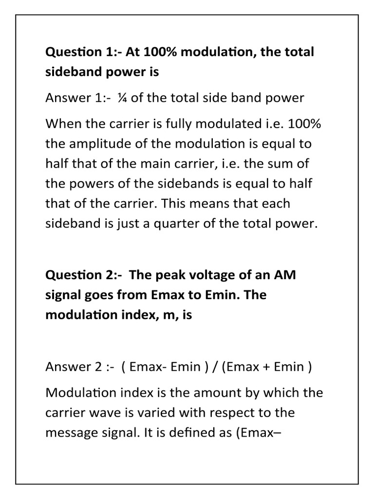 Question 1:-At 100% Modulation, The Total Sideband Power Is | PDF