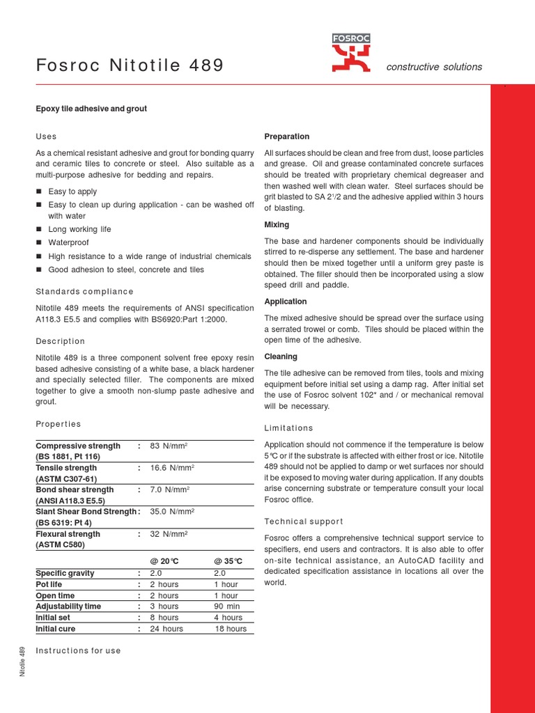 Fosroc Nitotile 489: Constructive Solutions | PDF | Epoxy | Adhesive