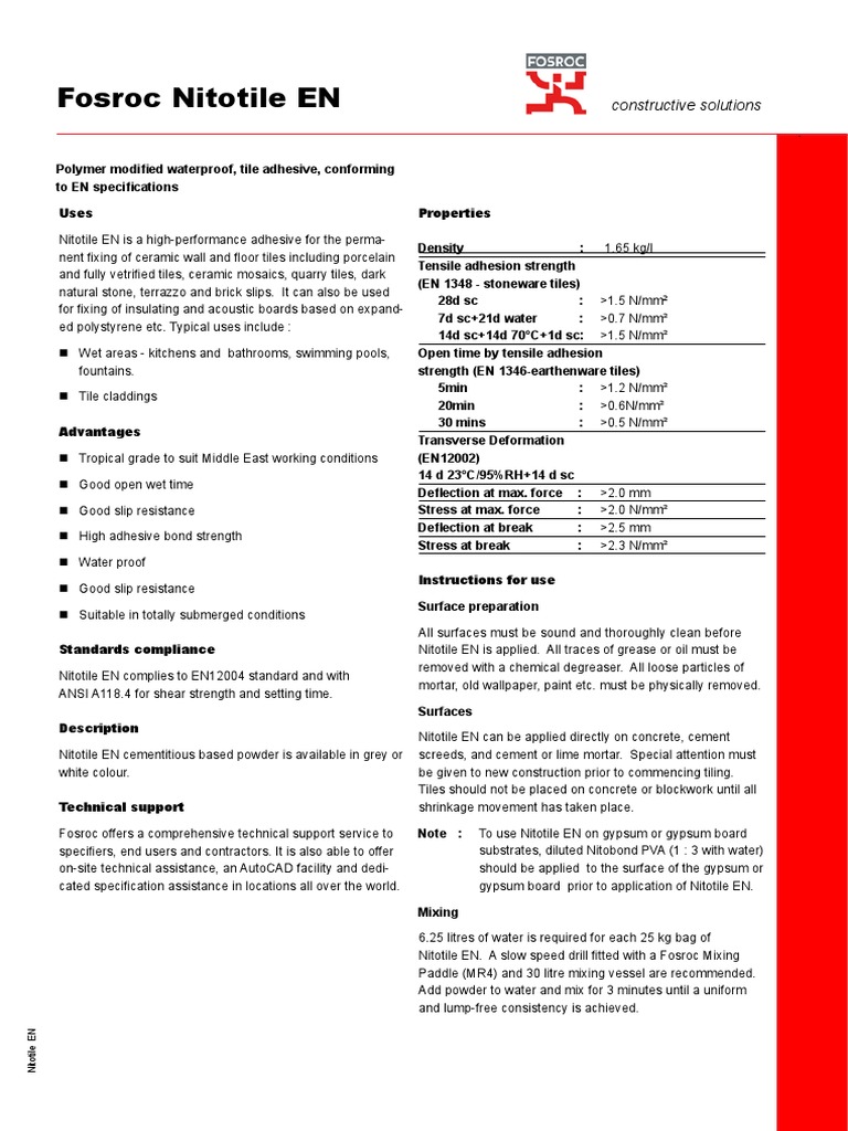 Fosroc Nitotile EN: Constructive Solutions | PDF | Tile | Mortar (Masonry)