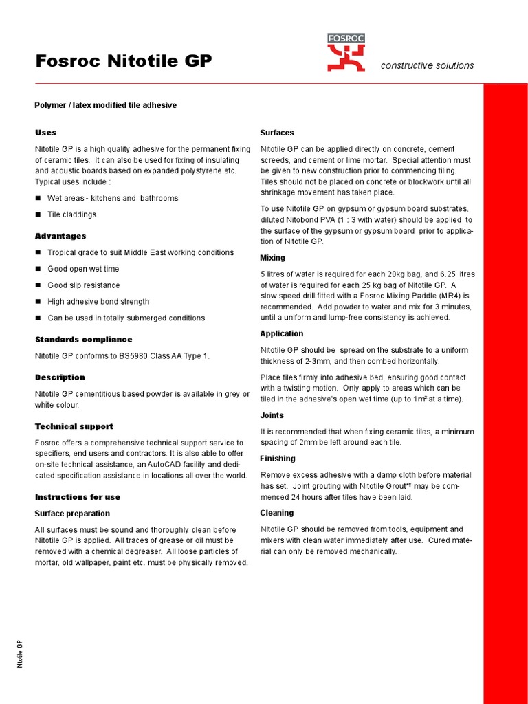 Nitotile GP | PDF | Adhesive | Tile