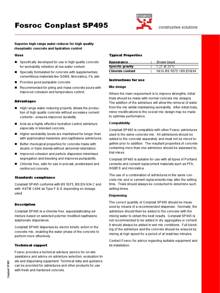 Conplast sp495 | PDF | Concrete | Cement