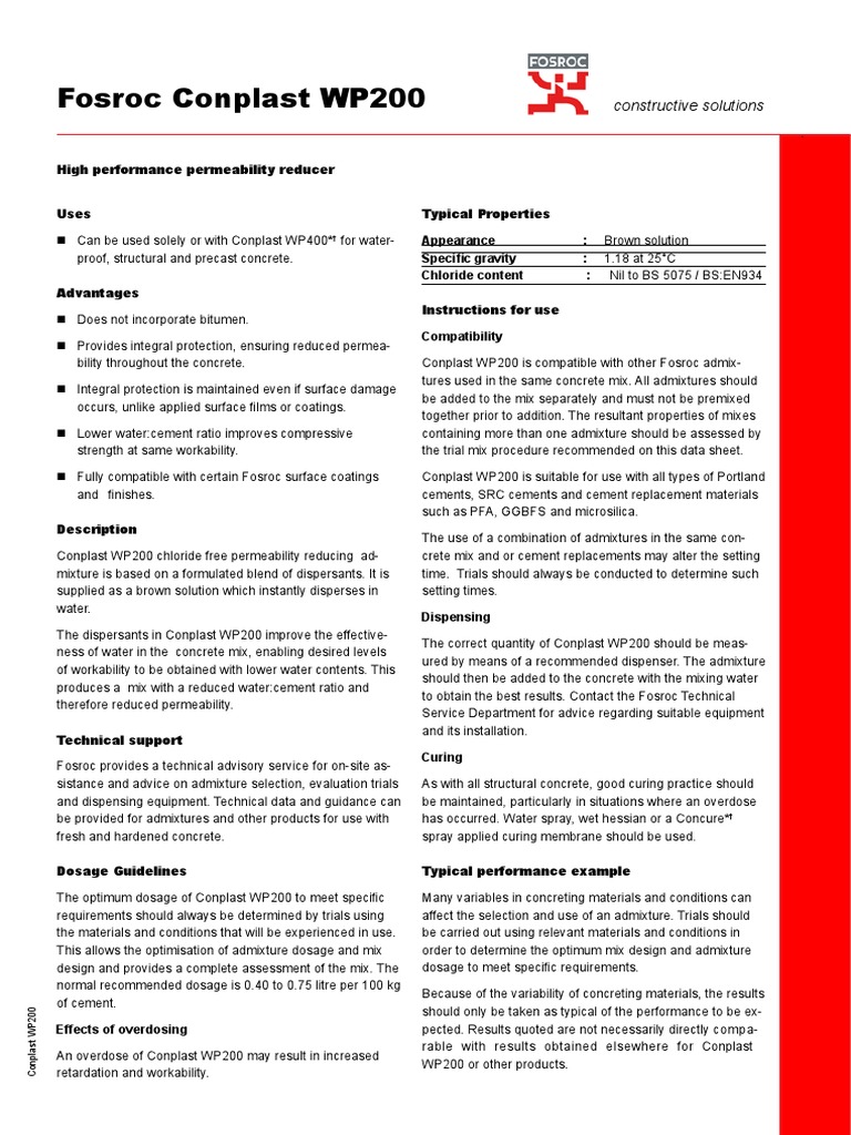 Fosroc Conplast WP200: Constructive Solutions | PDF | Dose ...