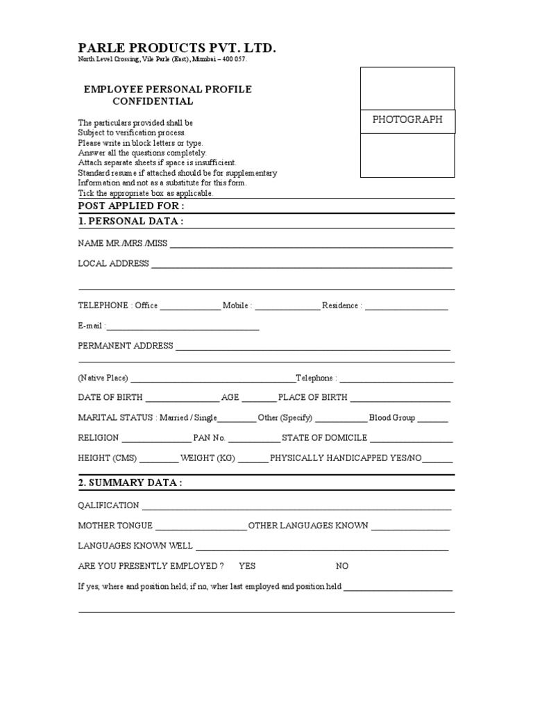 Employee Personal Profile Format 1 | PDF | Employment | Business