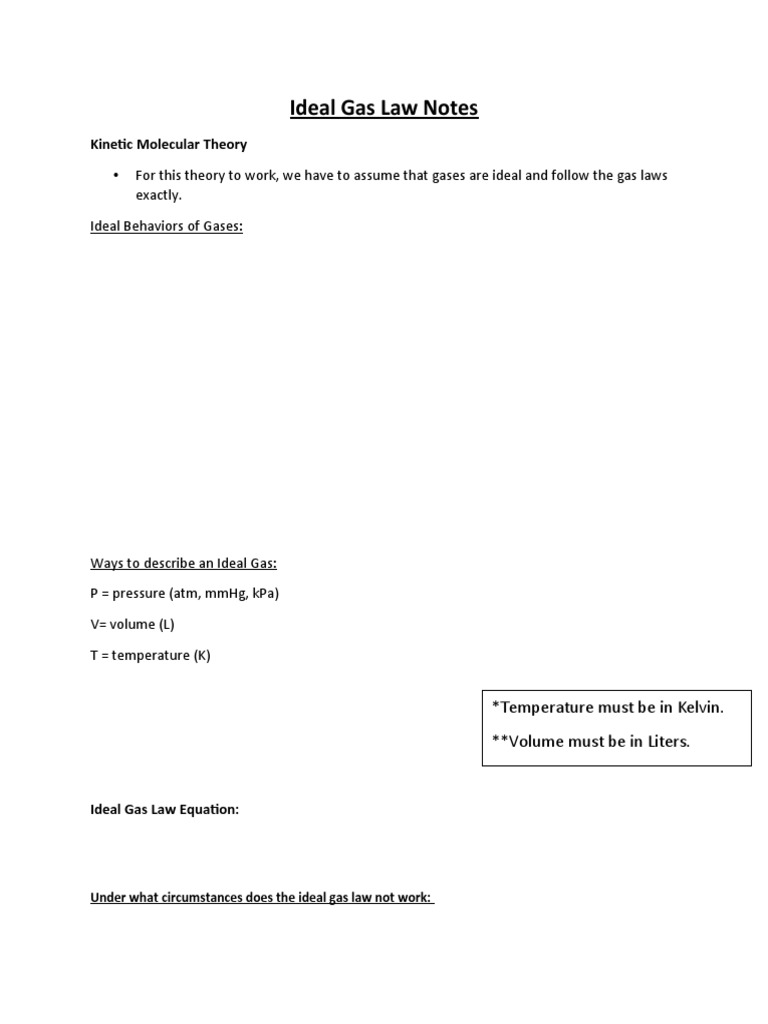 Ideal Gas Law Notes: Kinetic Molecular Theory | PDF
