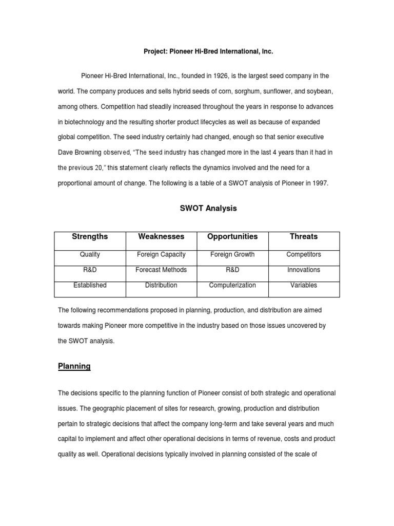 SWOT Analysis: Project: Pioneer Hi-Bred International, Inc | PDF ...