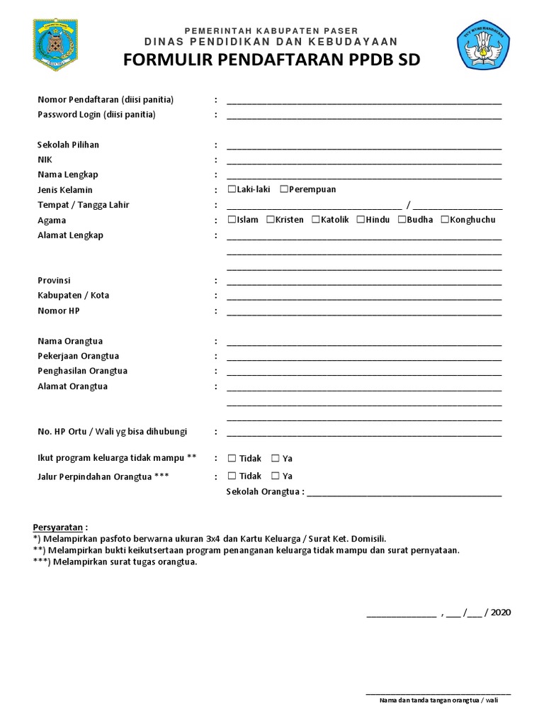 Formulir Pendaftaran PPDB SD | PDF