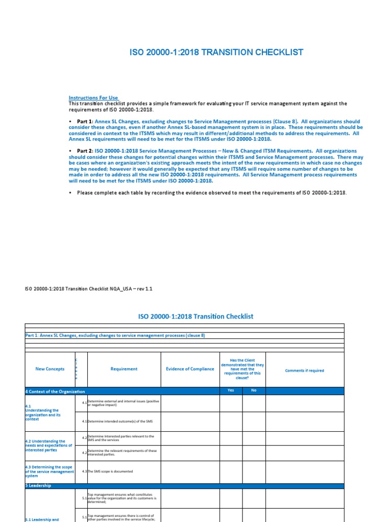 ISO 20000 1 2018 Transition Checklist 1 1 | PDF | Service Level ...