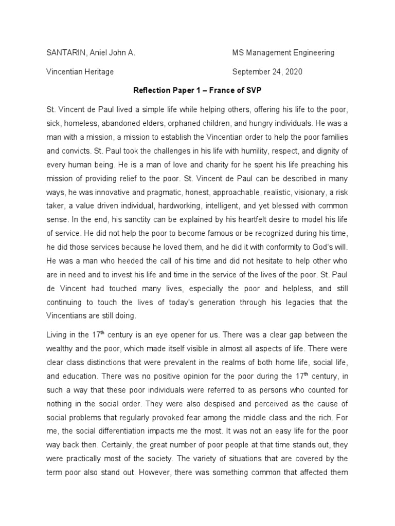 Vincentian Reflection Paper | PDF | Poverty | Poverty & Homelessness