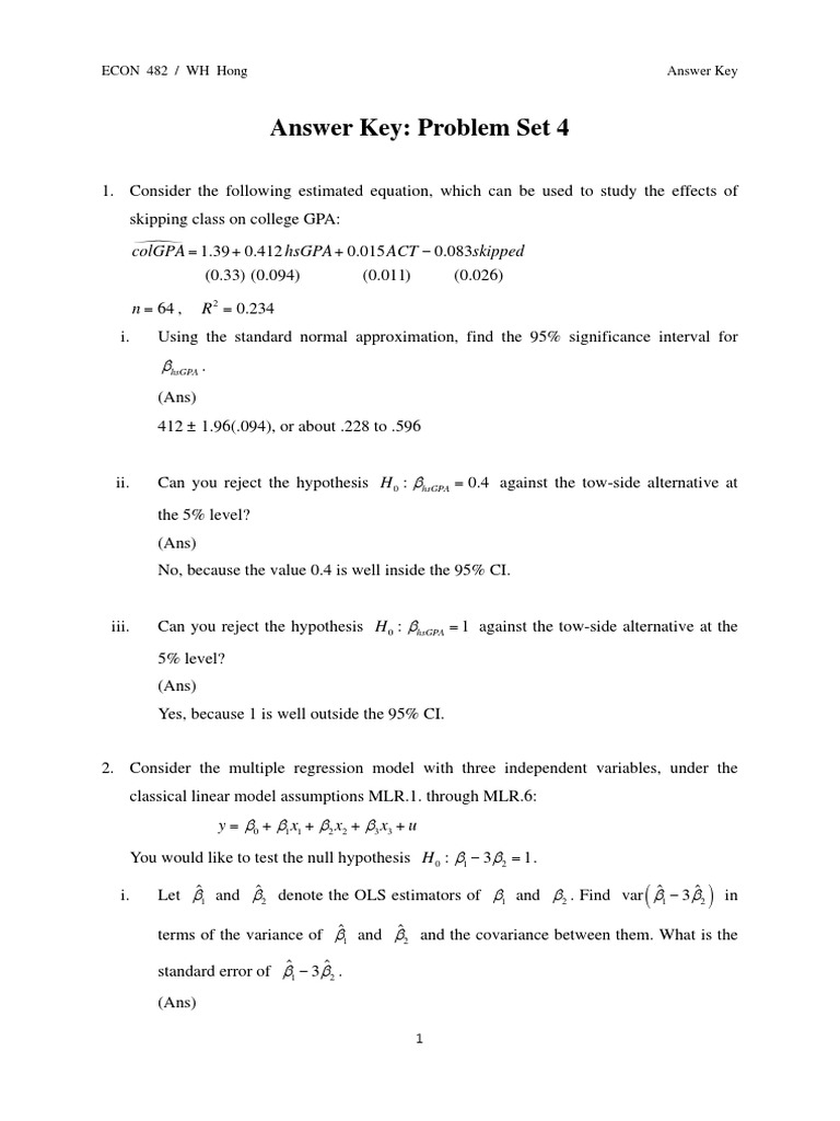 Answer Key: Problem Set 4: Colgpa Hsgpa Act Skipped | PDF | Ordinary Least Squares | P Value