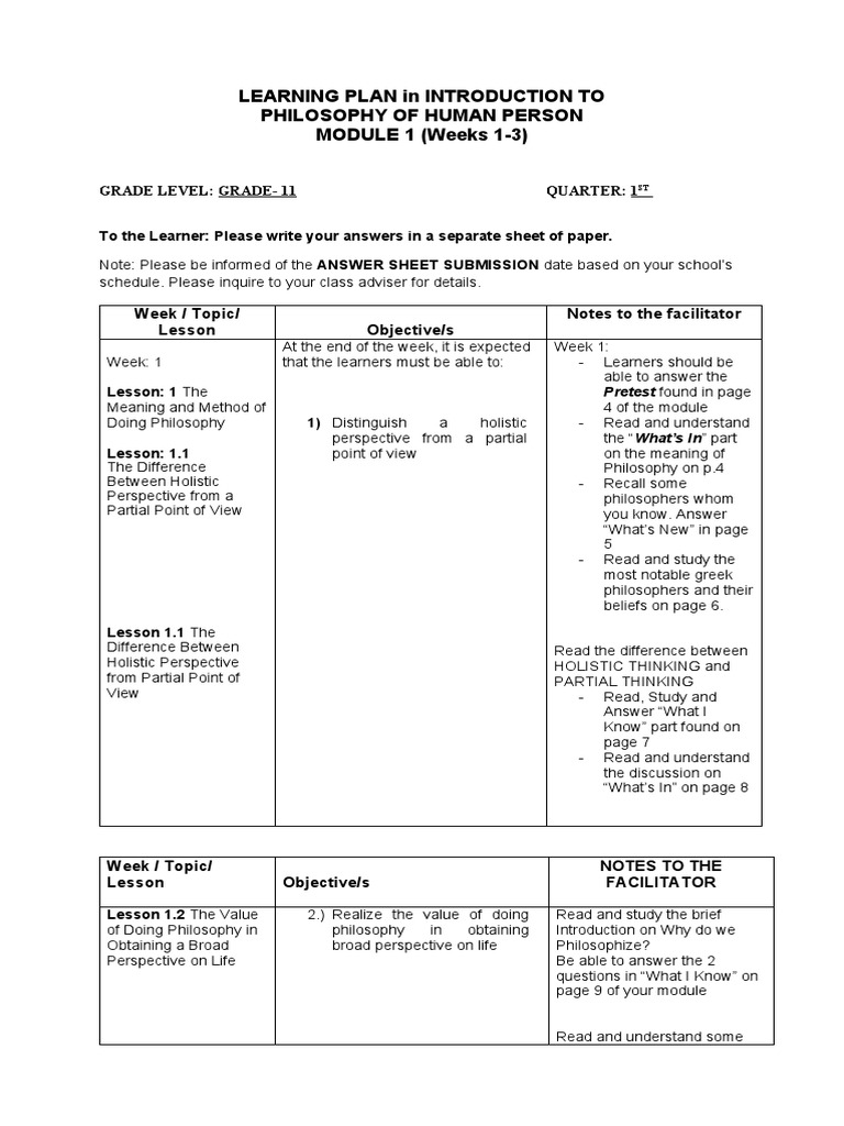 Sample of Learning Plan Philosophy QTR 1 Week 1 3 | PDF | Pedagogy ...
