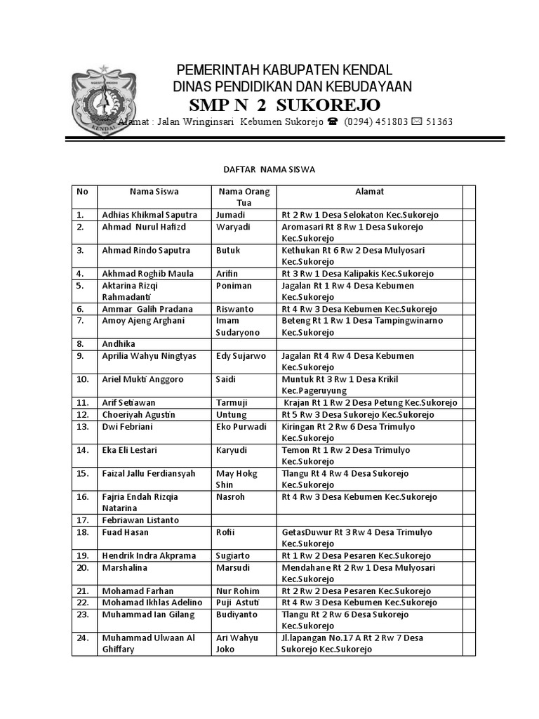 Data Siswa SMP N 2 Sukorejo | PDF