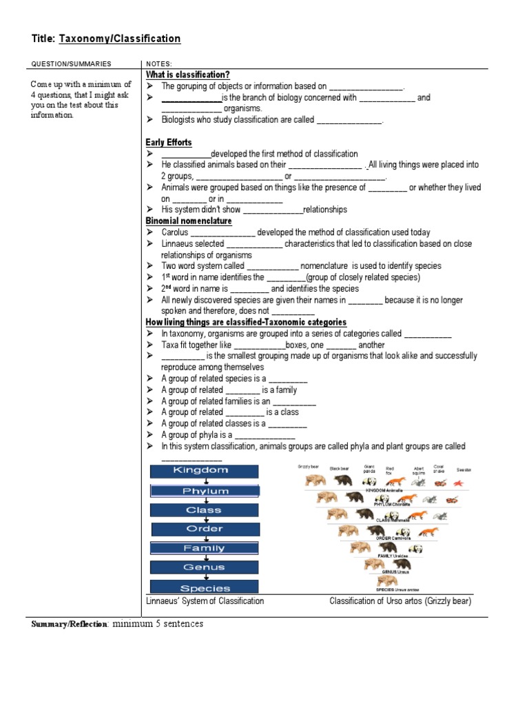 Classficiation of Living Things Cornell Notes Student | PDF | Taxonomy ...