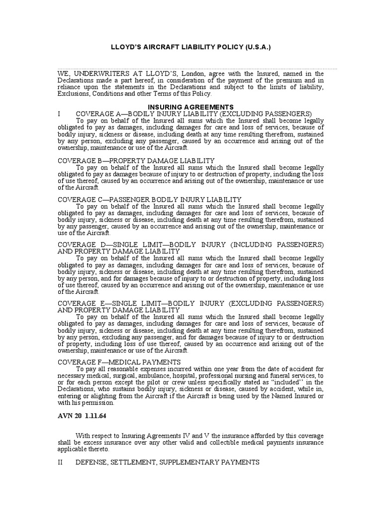 Lloyd'S Aircraft Liability Policy (U.S.A.) | PDF | Liability Insurance ...