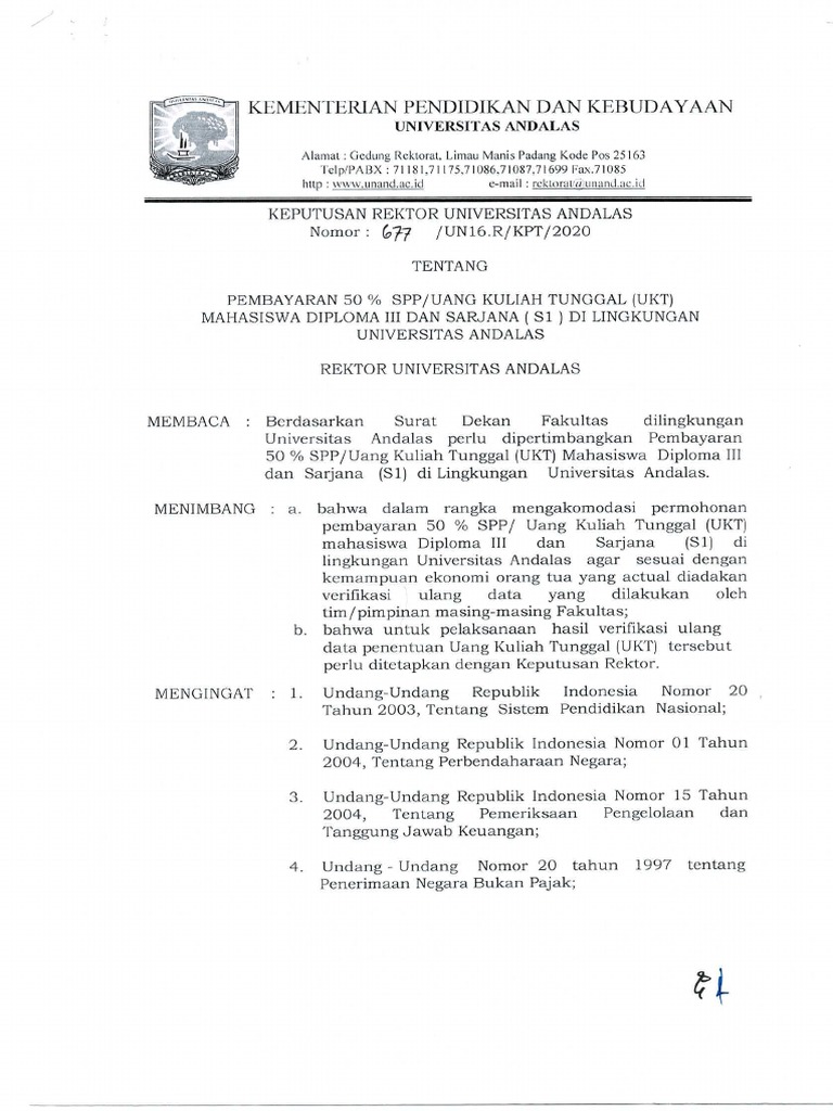 SK Rektor 677-2020 Pembayaran 50% Ukt Mahasiswa Diploma III Dan Sarjana s1 Dilingkungan Unand | PDF