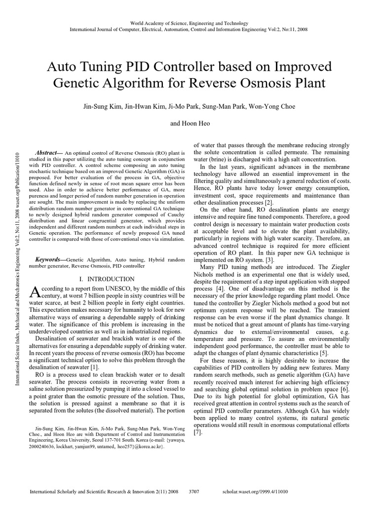 Auto Tuning Pid Controller Based On Improved Genetic Algorithm For Reverse Osmosis Plant Pdf