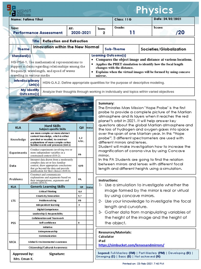 G11 T2 Phy PA-final | PDF | Mirror | Optics