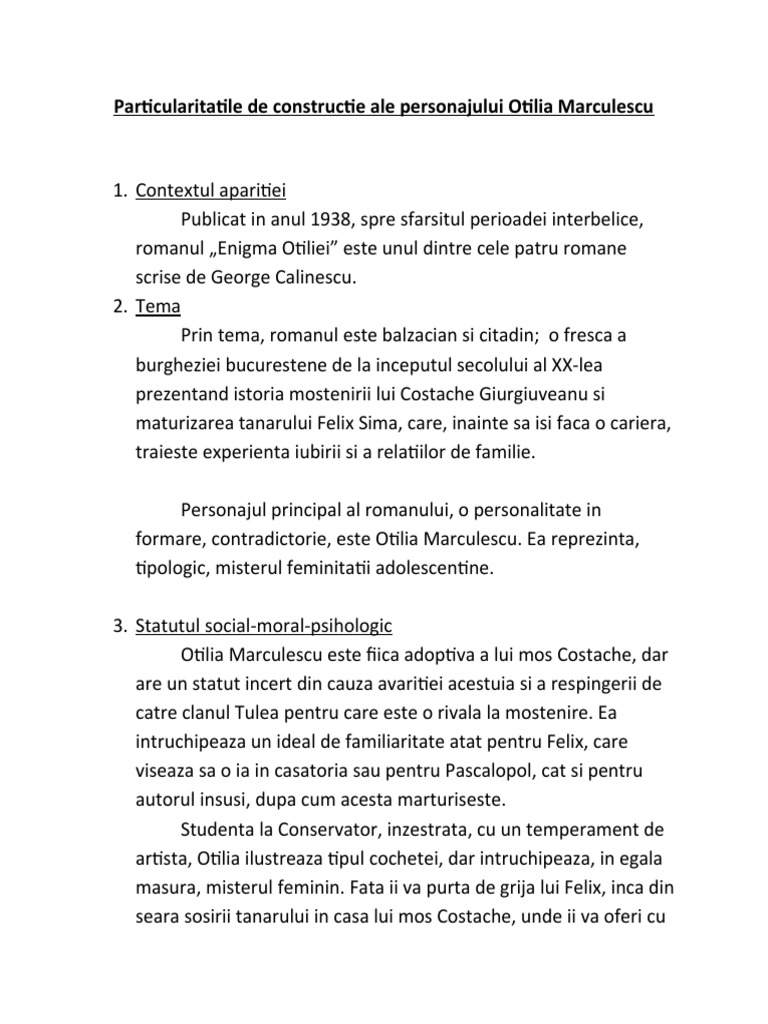 Particularitatile de Constructie Ale Personajului Otilia Marculescu | PDF