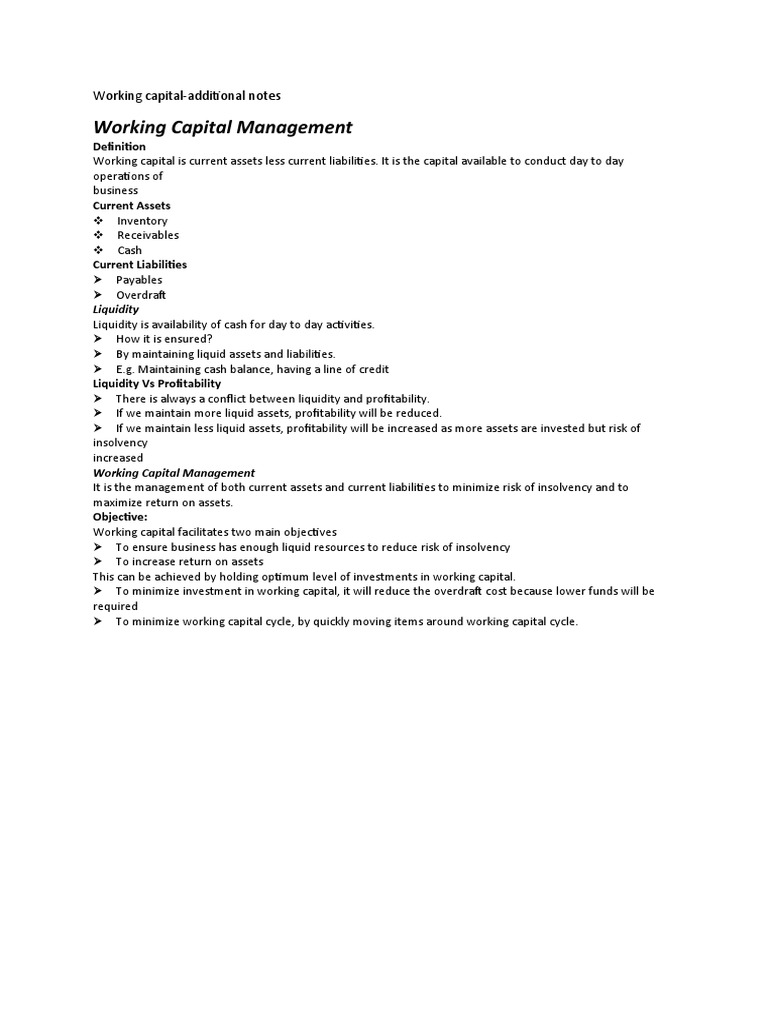 Working Capital-Study Notes | PDF | Working Capital | Market Liquidity