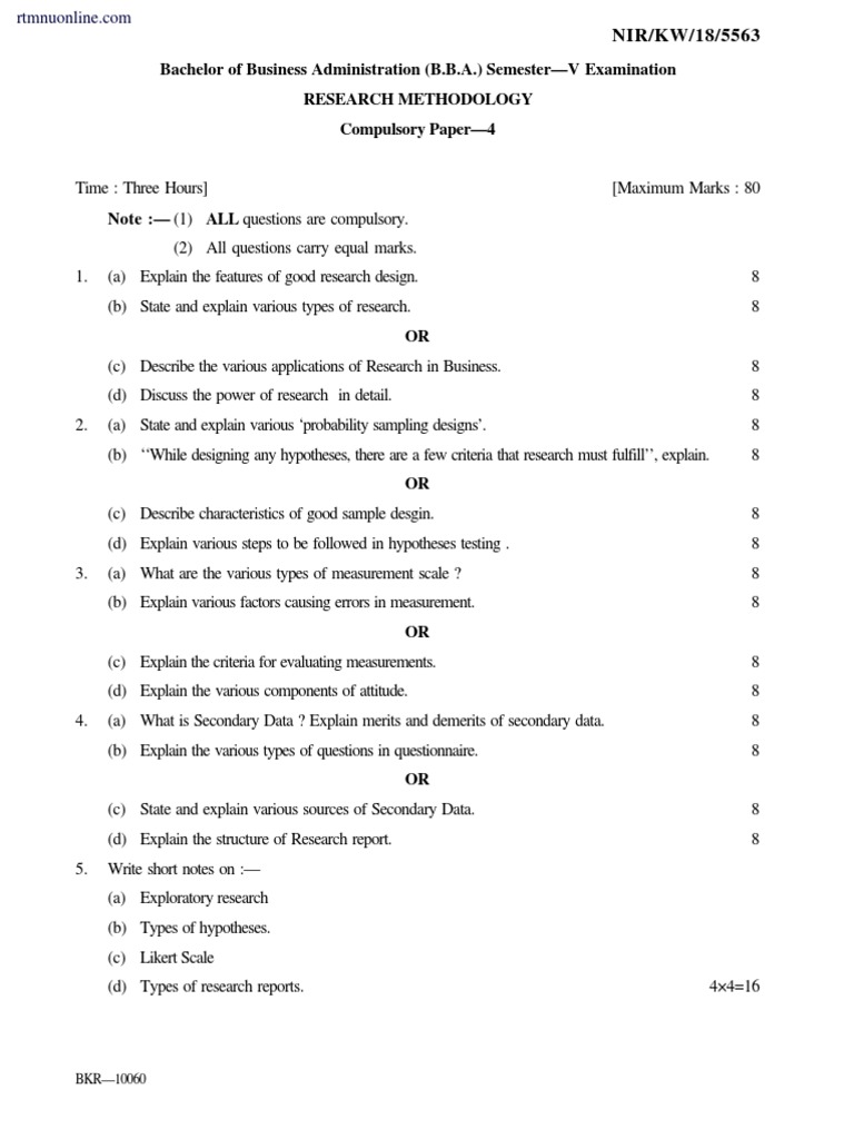 BBA Semester V Research Methodology Exam | PDF | Research Design ...