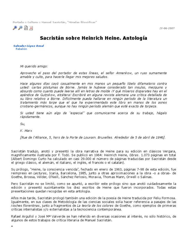 Rebelion. Sacristán Sobre Heinrich Heine | PDF | Karl Marx | Romanticismo