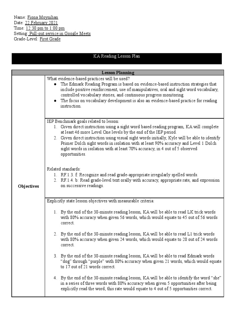 First Grade Reading Lesson Plan | PDF | Reading Comprehension | Vocabulary