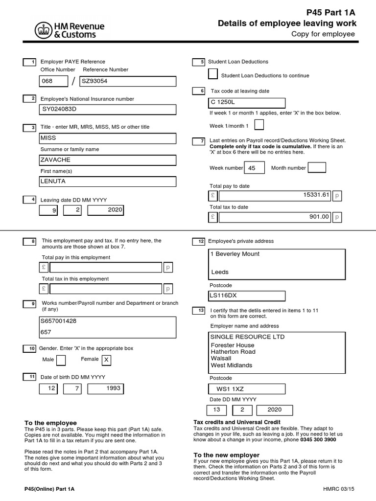 Print P45 | PDF | Payroll Tax | Public Finance