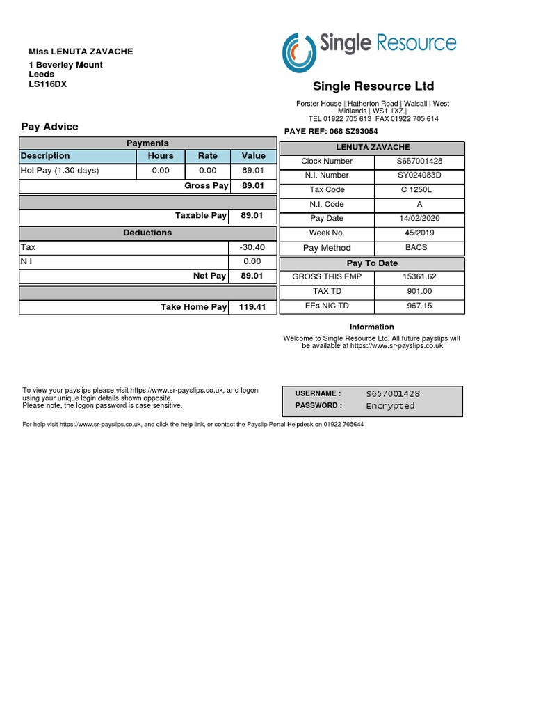 Single Resource LTD: Pay Advice | PDF | Taxation | Payments