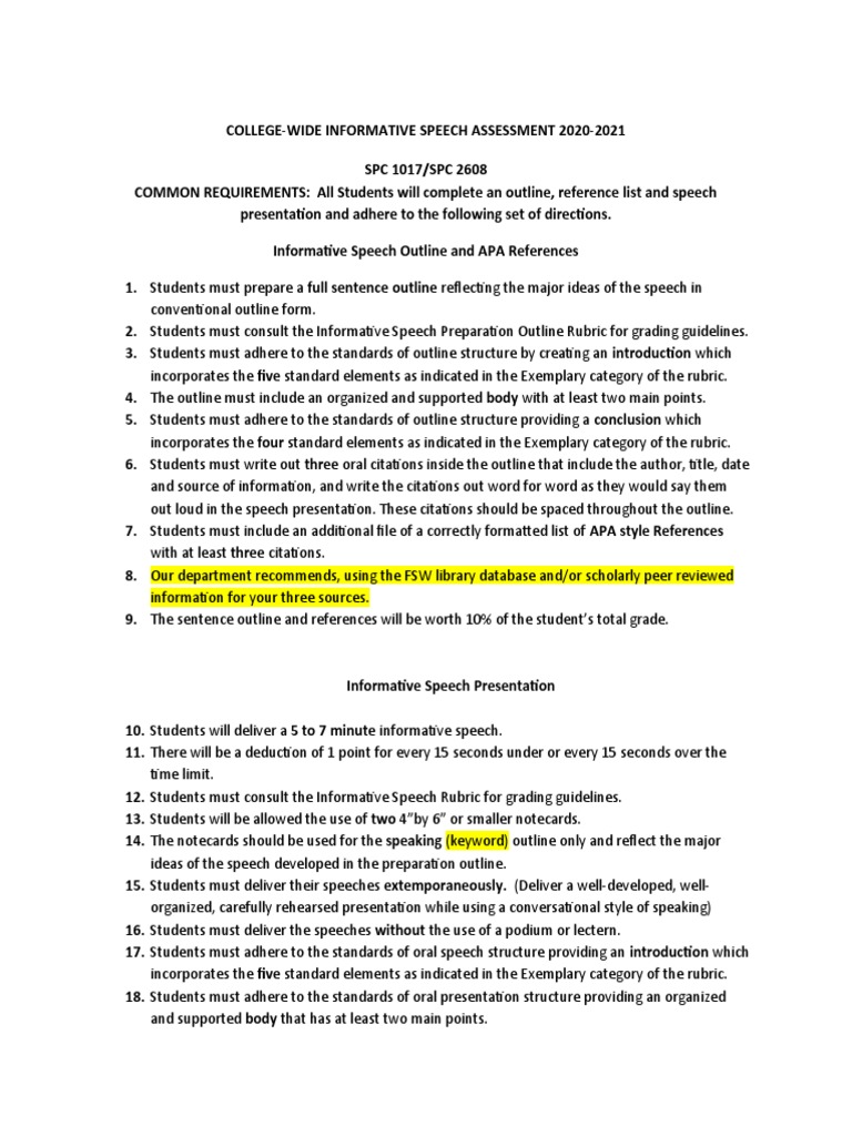 Informative Speech Assessment Assignment Instructions 2020-21 | PDF ...