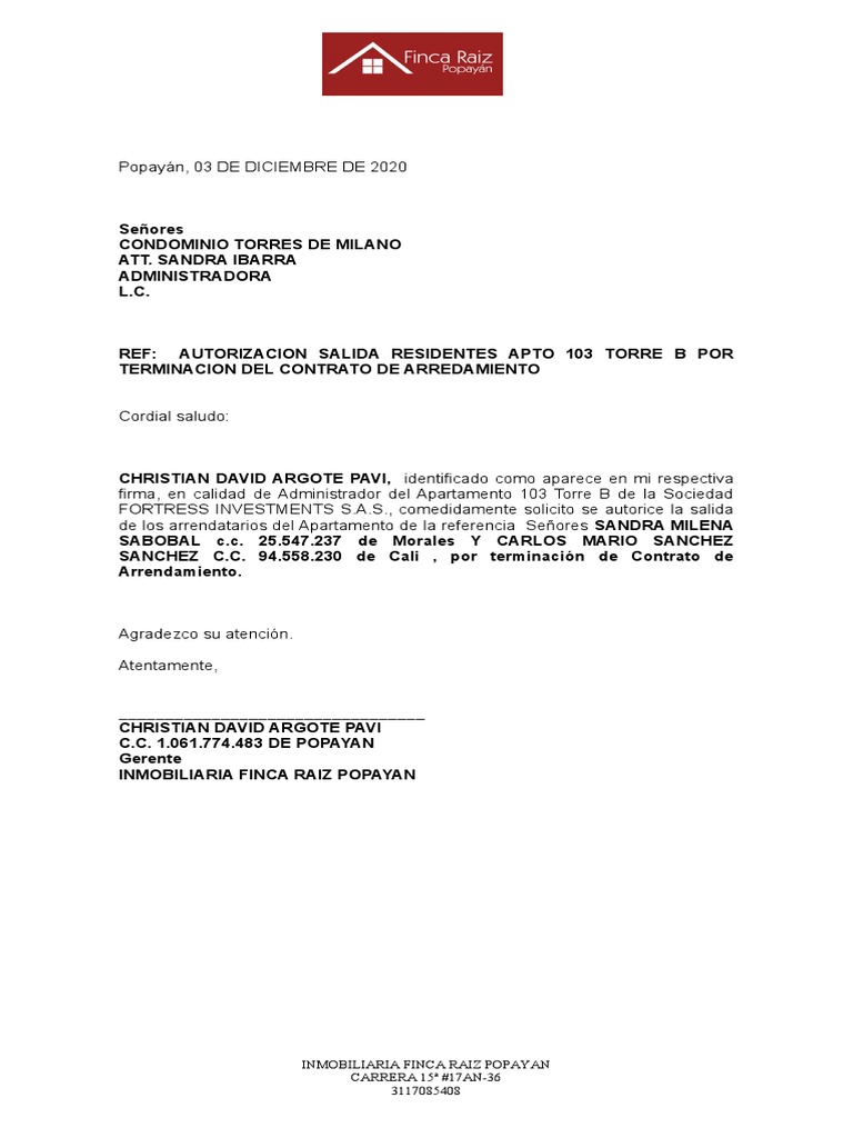 Carta Solicitud Entrega Apto Torres de Milano | PDF