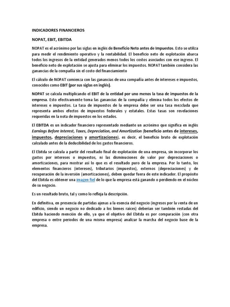 Indicadores Financieros Nopat-Ebit-Ebitda | PDF | Finanzas y dinero