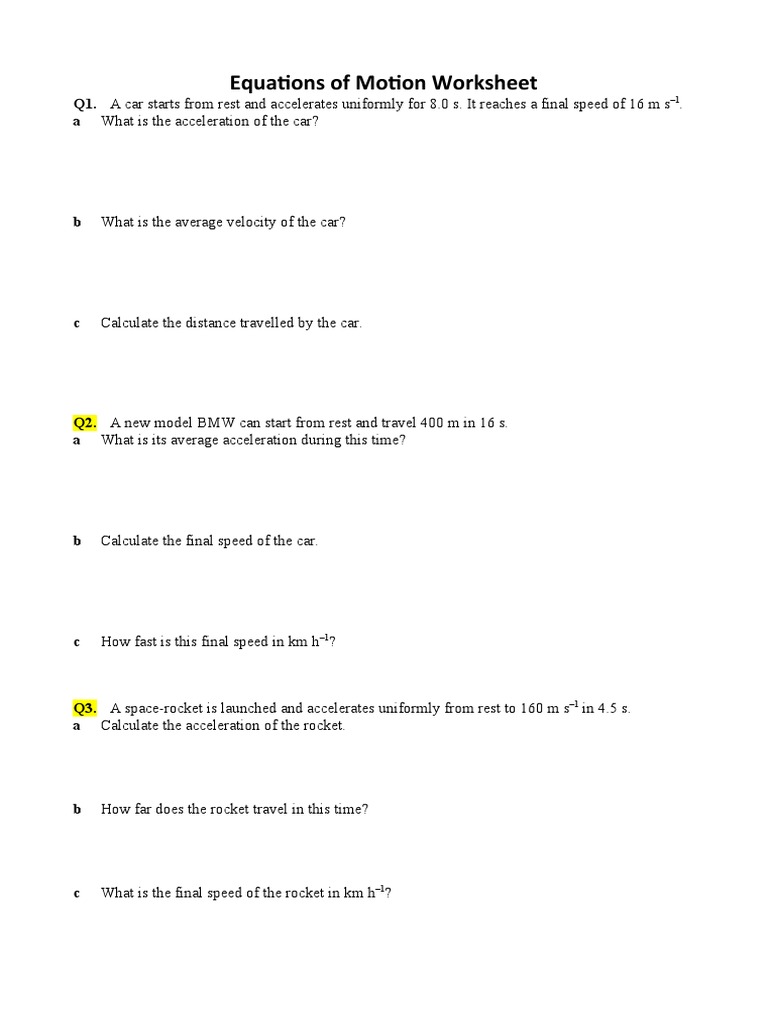 Equations of Motion Worksheet | PDF | Speed | Acceleration