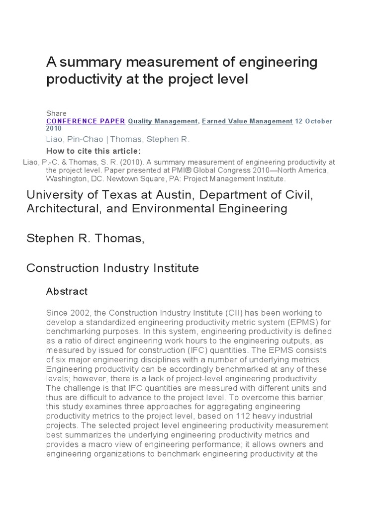 A Summary Measurement of Engineering Productivity at The Project Level ...