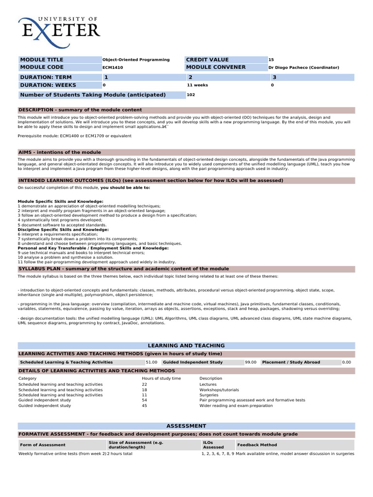 Module ECM1410 (2020) Object-Oriented Programming | PDF | Computer Programming | Class (Computer ...