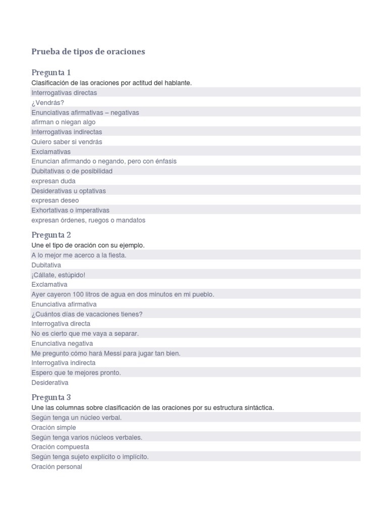 Prueba de Tipos de Oraciones | PDF | Verbo | Oración (Lingüística)