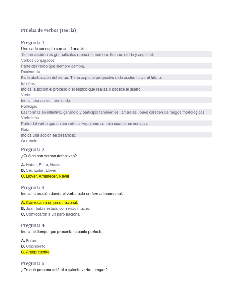 Prueba de Verbos (Teoría) | PDF | Verbo | Gramática