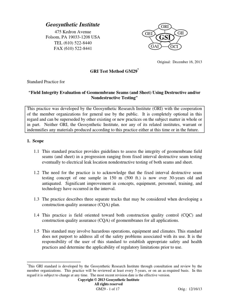 Geosynthetic Institute: GRI Test Method GM29 | PDF | Nondestructive ...